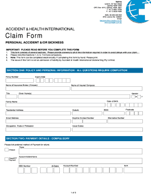 Fillable Online Personal Accident & Sickness Claim Form Fax Email Print ...