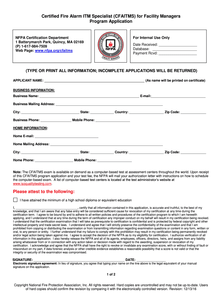 Fillable Online nfpa Certified Fire Alarm ITM Specialist (CFAITMS) for ...