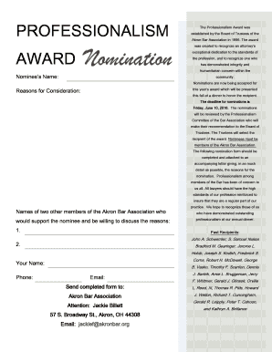Fillable Online akronbar 2016 Professionalism Award Nomination Form ...