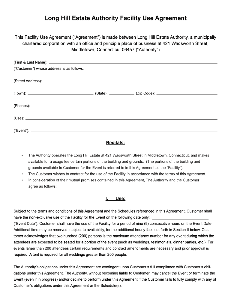 Fillable Online Long Hill Estate Authority Facility Use Agreement Fax Email Print - pdfFiller