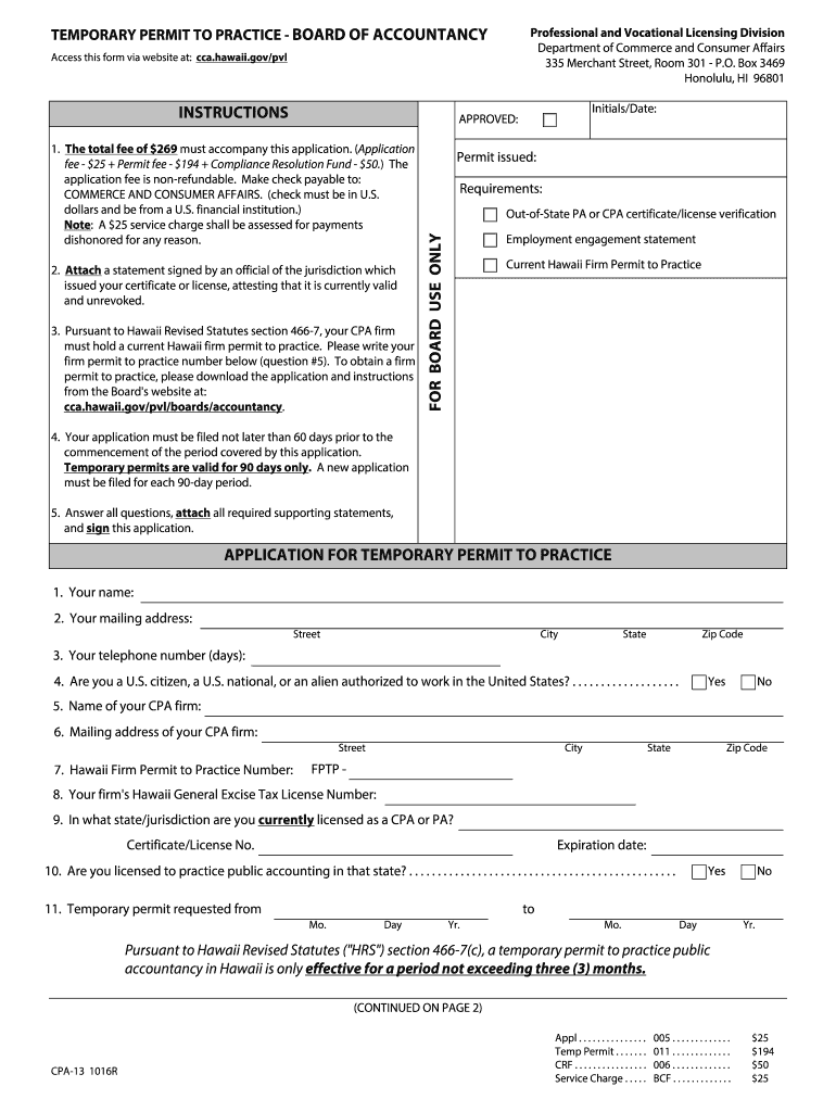 Fillable Online TEMPORARY PERMIT TO PRACTICE - BOARD OF ACCOUNTANCY Fax ...