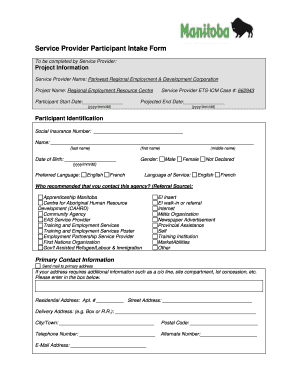 Fillable Online Service Provider Participant Intake Form Fax Email ...