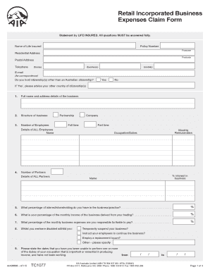 Fillable Online Incorporated Business Expenses Claim Form. Claim form ...