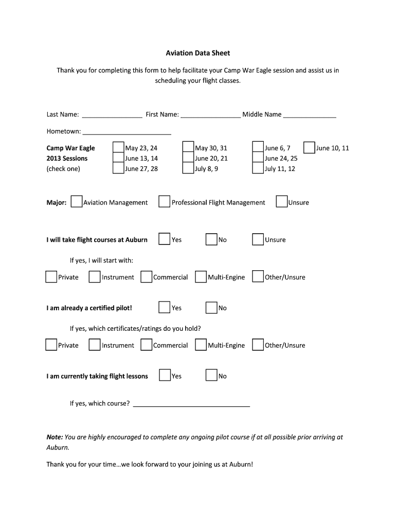 Fillable Online Aviation Data Sheet - Raymond J. Harbert College of ...