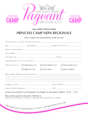 Fillable Online 2016 APPLICATION FORM PRINCESS CAMP NEPA REGIONALS Fax ...