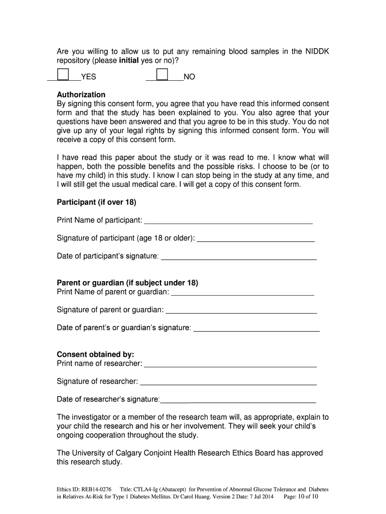 Fillable Online ucalgary INFORMED CONSENT Type 1 Diabetes TrialNet ...