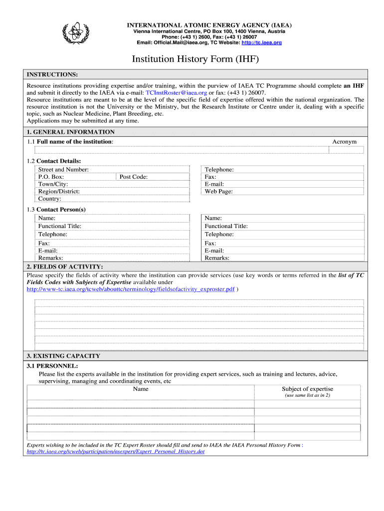 Fillable Online iaea Institution History Form (IHF) - iaea.org Fax ...