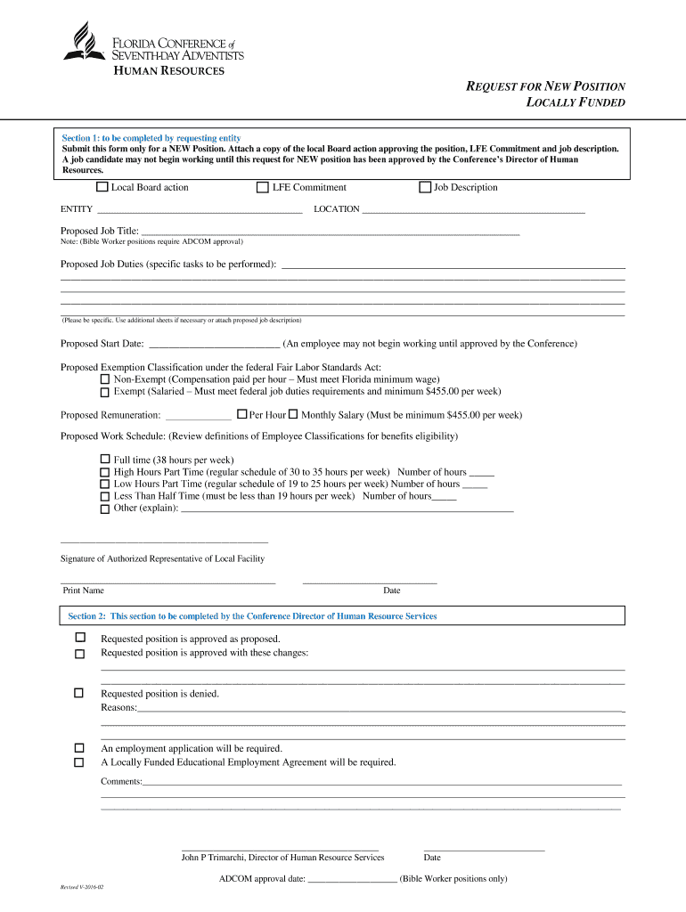 Fillable Online HUMAN RESOURCES REQUEST FOR NEW POSITION LOCALLY FUNDED ...