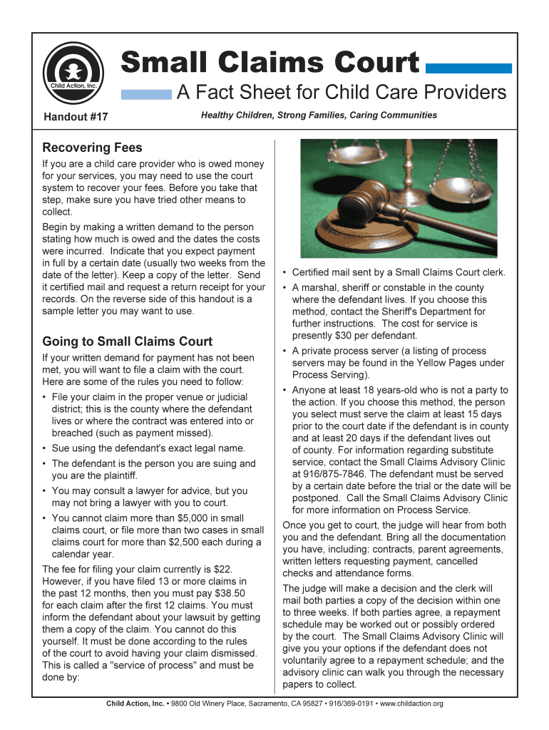 Fillable Online Small Claims Court - Child Action, Inc.! Fax Email Print - pdfFiller