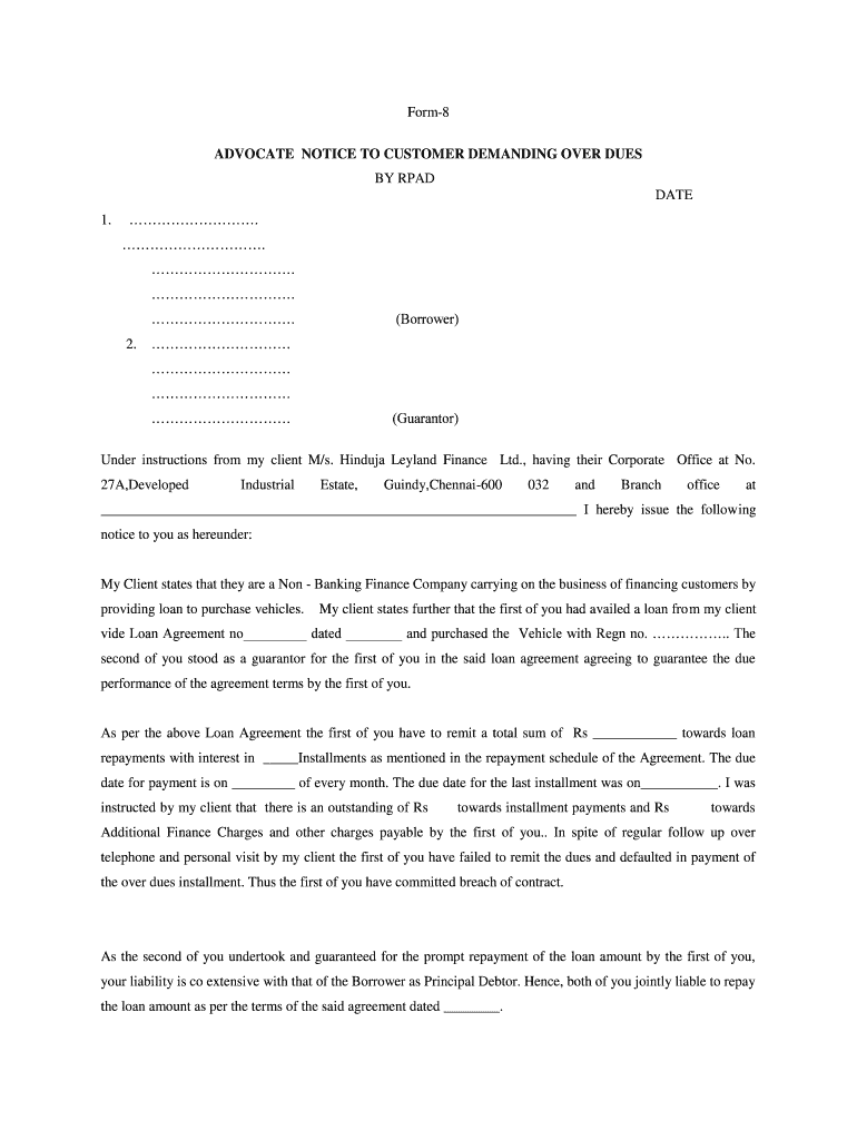 Fillable Online ADVOCATE NOTICE TO CUSTOMER DEMANDING OVER DUES Fax ...