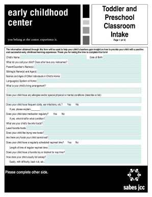Fillable Online Toddler and Preschool Classroom Intake - Sabes JCC Fax ...