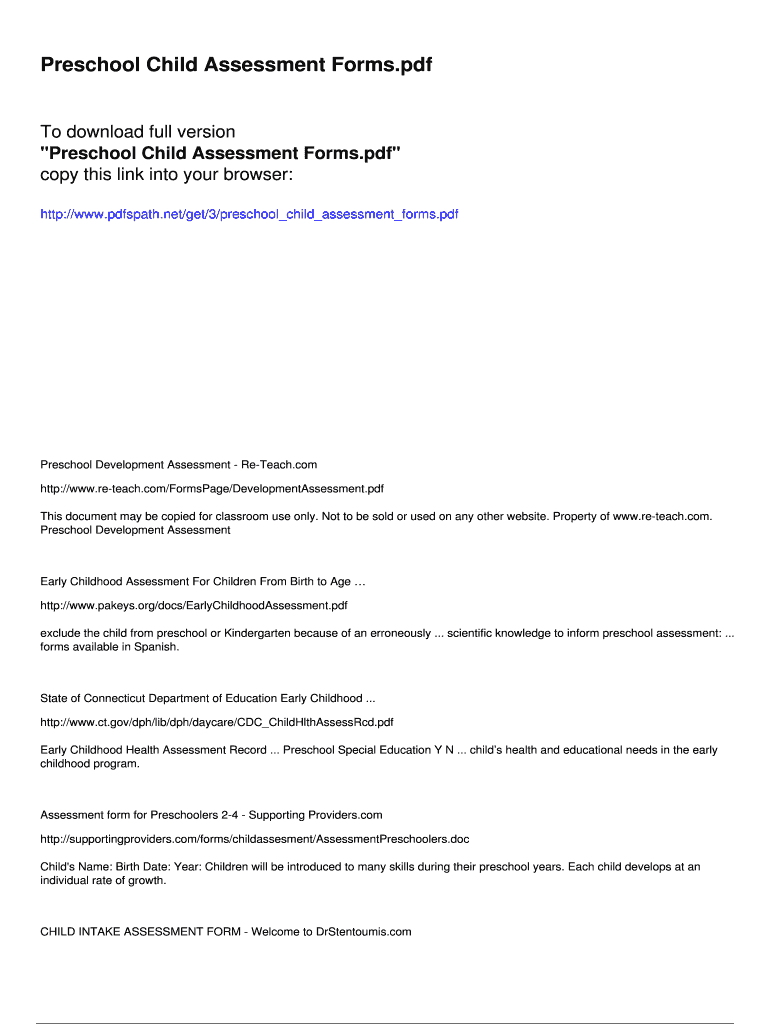 Preschool Child Assessment Form - Blank Fillable Template | Fill Out ...
