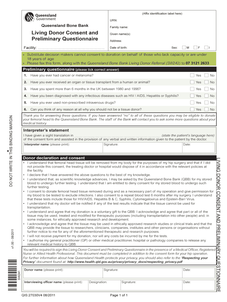 Fillable Online health qld gov Bone Bank - Living Donor Consent & Preliminary Questionnaire Fax ...