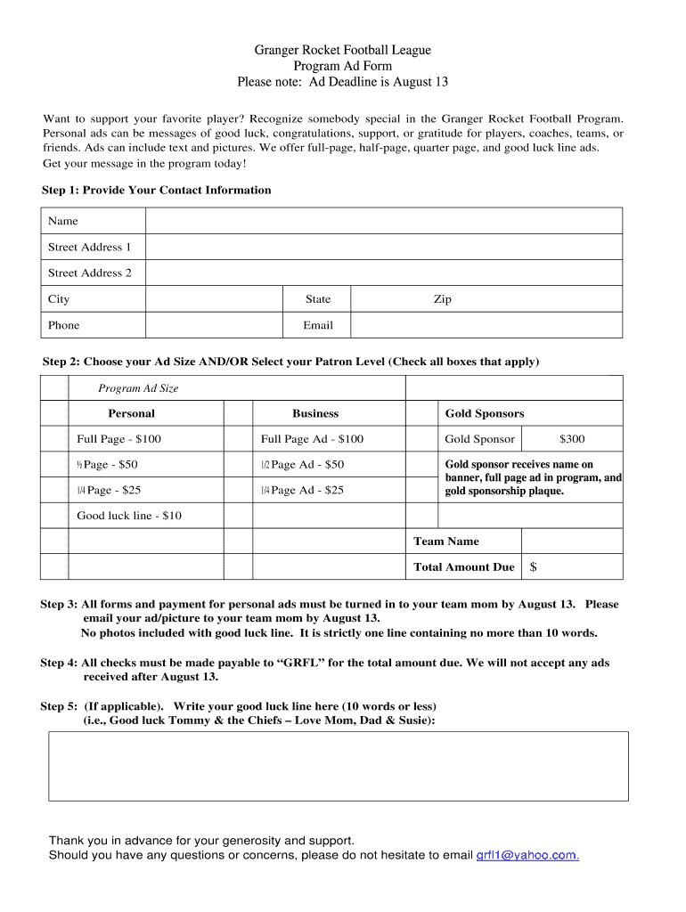 Fillable Online Granger Rocket Football League Program Ad Form Please ...