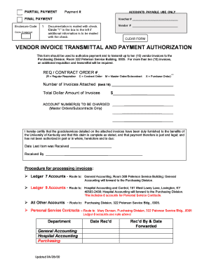 Fillable Online uky 1 CLEAR FORM VENDOR INVOICE TRANSMITTAL AND ...