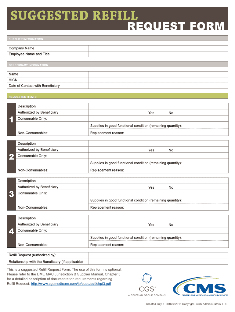 Fillable Online Suggested Refill Request Form. DME JB Fax Email Print ...