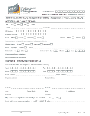 Fillable Online APPLICATION FOR SAPS RPL NATIONAL CERTIFICATE ...