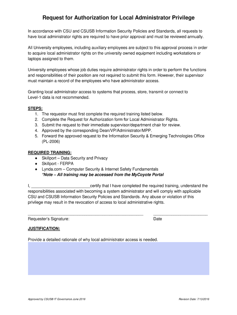Fillable Online iso csusb Request for Authorization for Local ...
