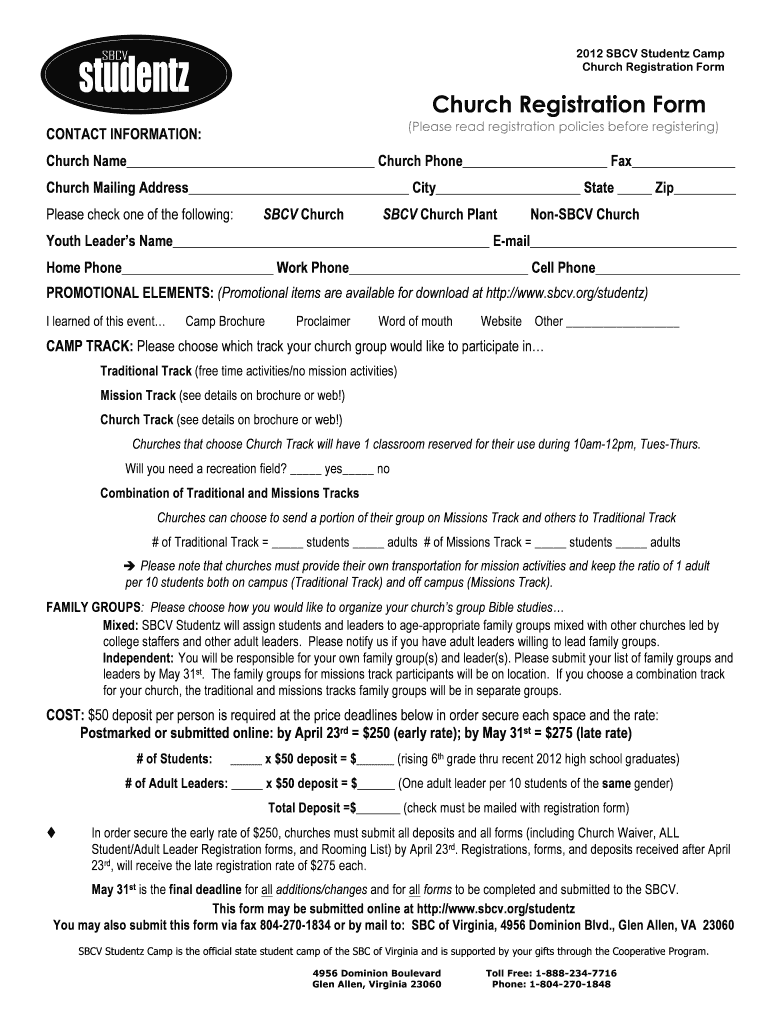 Fillable Online sbcva Church Registration Form - sbcva.info Fax Email ...