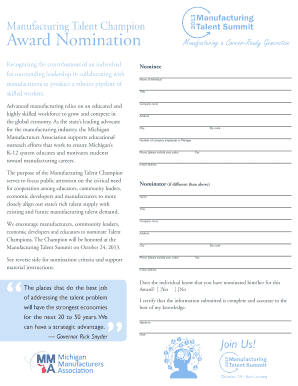 Fillable Online Manufacturing Award Nomination Manufacturing a Career ...