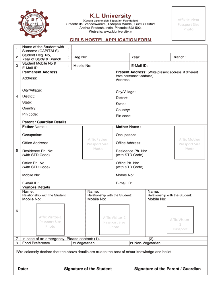Fillable Online kluniversity GIRLS HOSTEL APPLICATION FORM ...