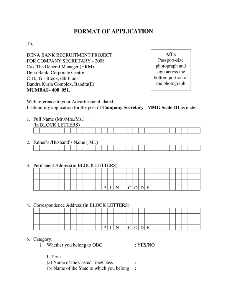 Fillable Online FORMAT OF APPLICATION - Dena Bank Fax Email Print ...