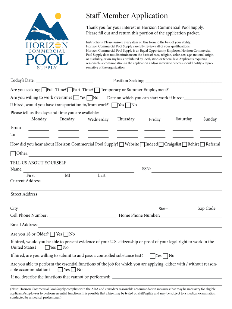 Fillable Online Staff Member Application - horizonpoolsupply.com Fax Email Print - pdfFiller