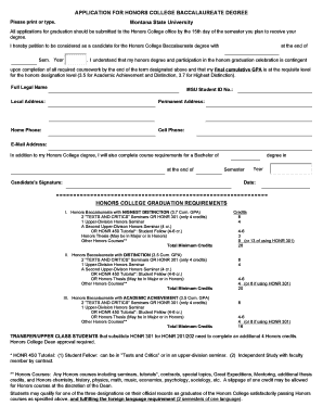 Fillable Online montana APPLICATION FOR HONORS COLLEGE BACCALAUREATE DEGREE Fax Email Print ...