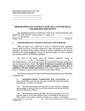 Fillable Online MEMORANDUM OF CONTRACT FOR SALE AND PURCHASE AND ...