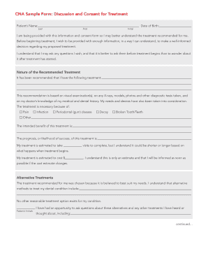 Fillable Online CNA Sample Form: Discussion and Consent for Treatment ...
