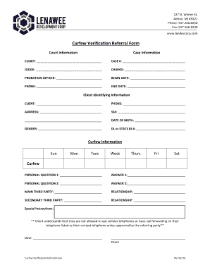 Fillable Online Curfew Verification Referral Form - lendevcorp.com Fax ...