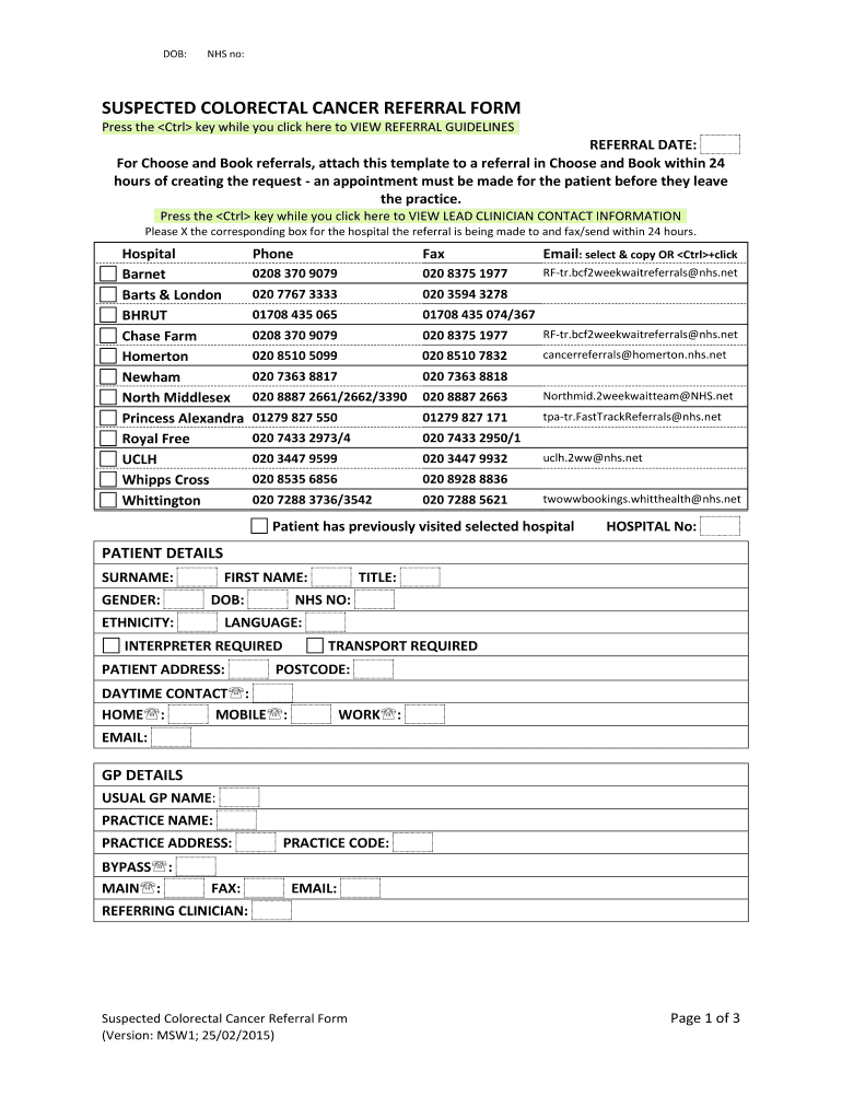 Fillable Online Colorectal 2 Week Referral Form. Rubenstein Standard ...
