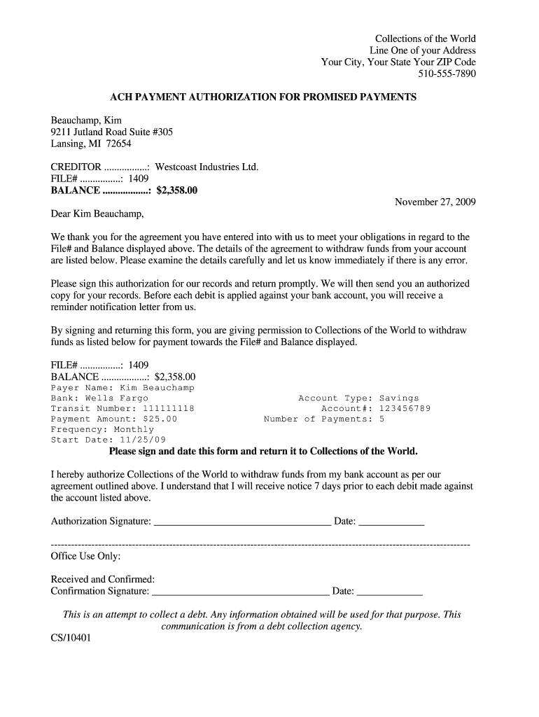 Fillable Online collect ACH PAYMENT AUTHORIZATION FOR PROMISED PAYMENTS - collect.org Fax Email ...