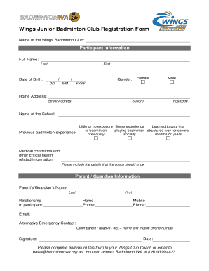 Fillable Online badmintonwa org Wings Junior Badminton Club ...
