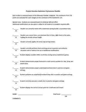 Fillable Online Physical Education Badminton Psychomotor Checklist Fax ...