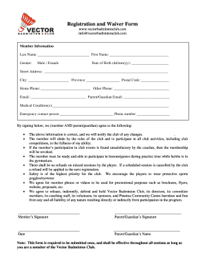 Fillable Online Registration and Waiver Form - Vector Badminton Club ...