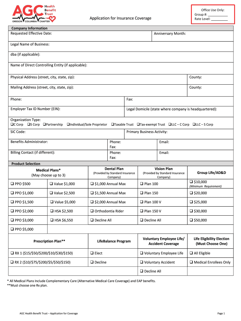 Fillable Online Office Use Only: Group #: Application for Insurance ...