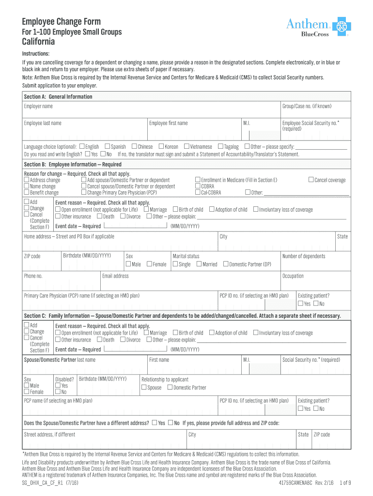 Fillable Online Employee Change Form California - rbgsocal.com Fax ...