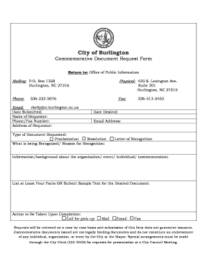 Fillable Online ci burlington nc City of Burlington Commemorative ...