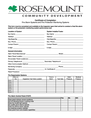 Fillable Online ci rosemount mn Certificate of Completion Fire Alarm ...