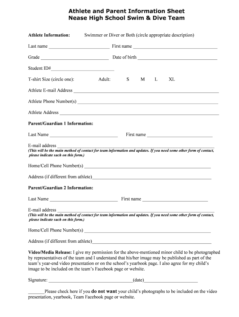 Fillable Online Athlete and Parent Information Sheet Nease High School ...