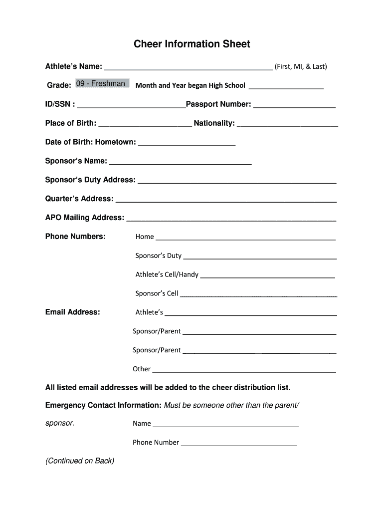Fillable Online Cheer Information Sheet - Kaiserslautern High School ...