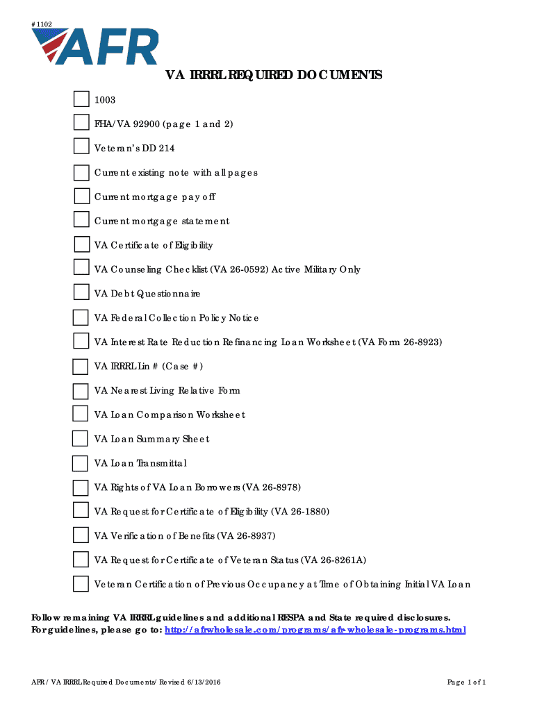 Fillable Online VA IRRRL REQUIRED DOCUMENTS - resources.afrloancenter ...