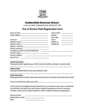 Fillable Online huddersfield-grammar co Out of School Club Registration ...