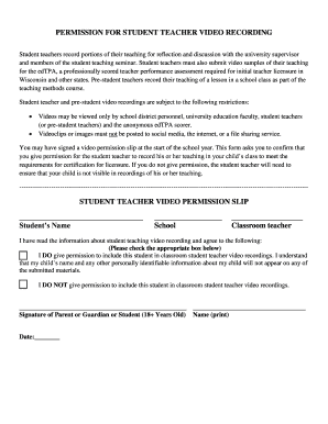 Fillable Online uwplatt PERMISSION FOR STUDENT TEACHER VIDEO RECORDING ...