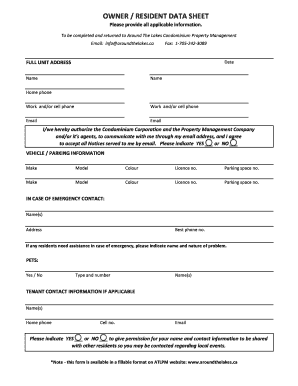 Fillable Online aroundthelakes owner / resident data sheet - Around The ...