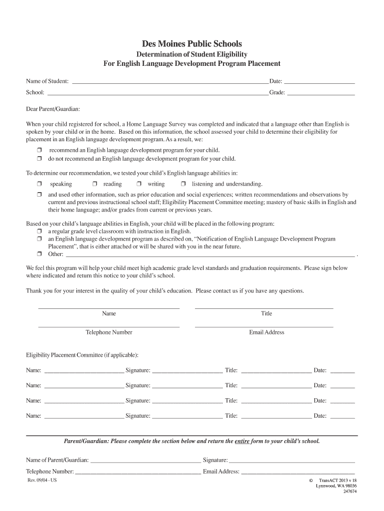 Fillable Online dmschools Determination of Student Eligibility for English Language Dev Program ...