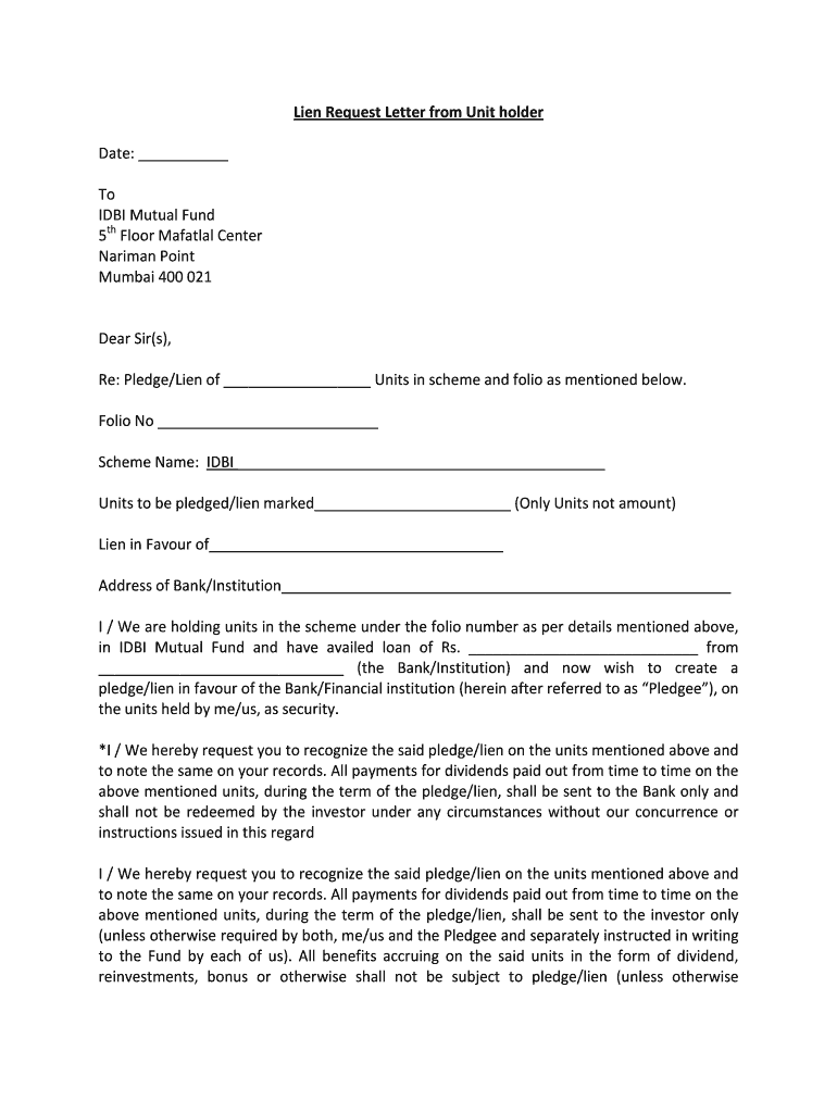 Fillable Online Lien Request Letter from Unit holder Fax Email Print - pdfFiller