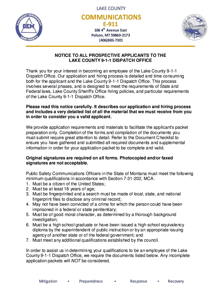 Fillable Online LAKE COUNTY COMMUNICATIONS E-911 - lakemt.gov Fax Email ...