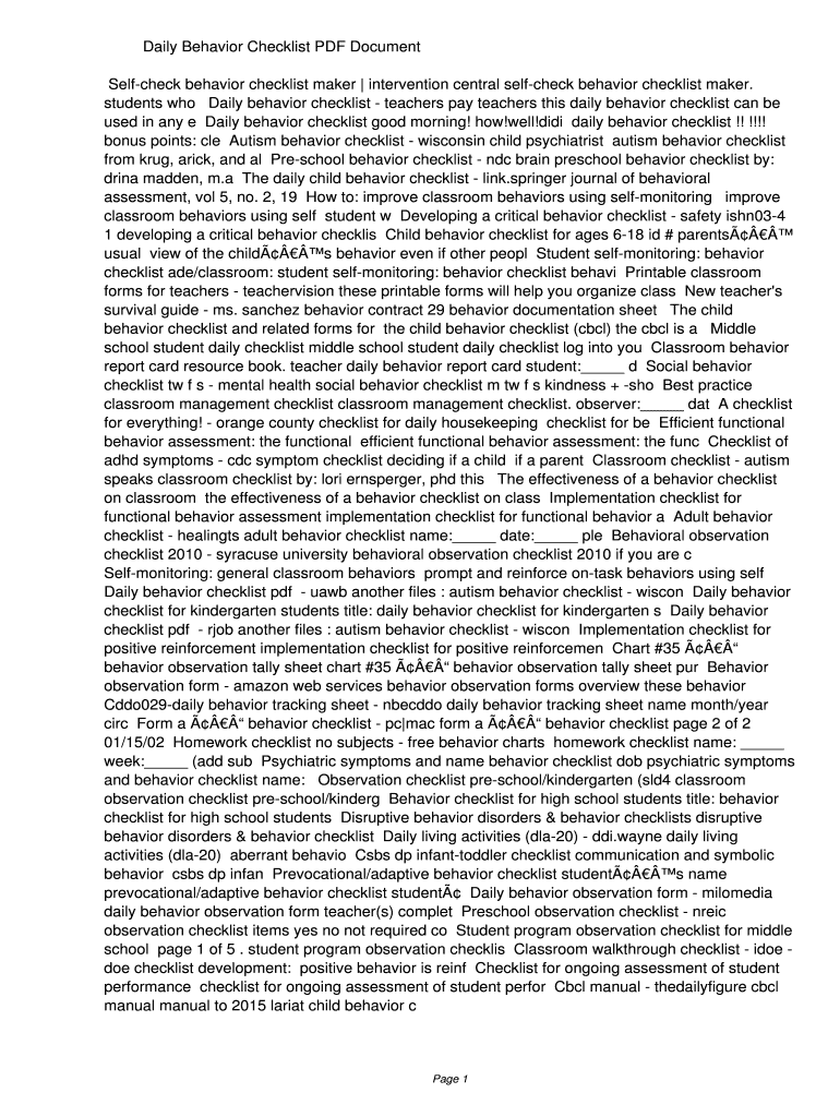 Fillable Online uawb Daily Behavior Checklist PDF ...
